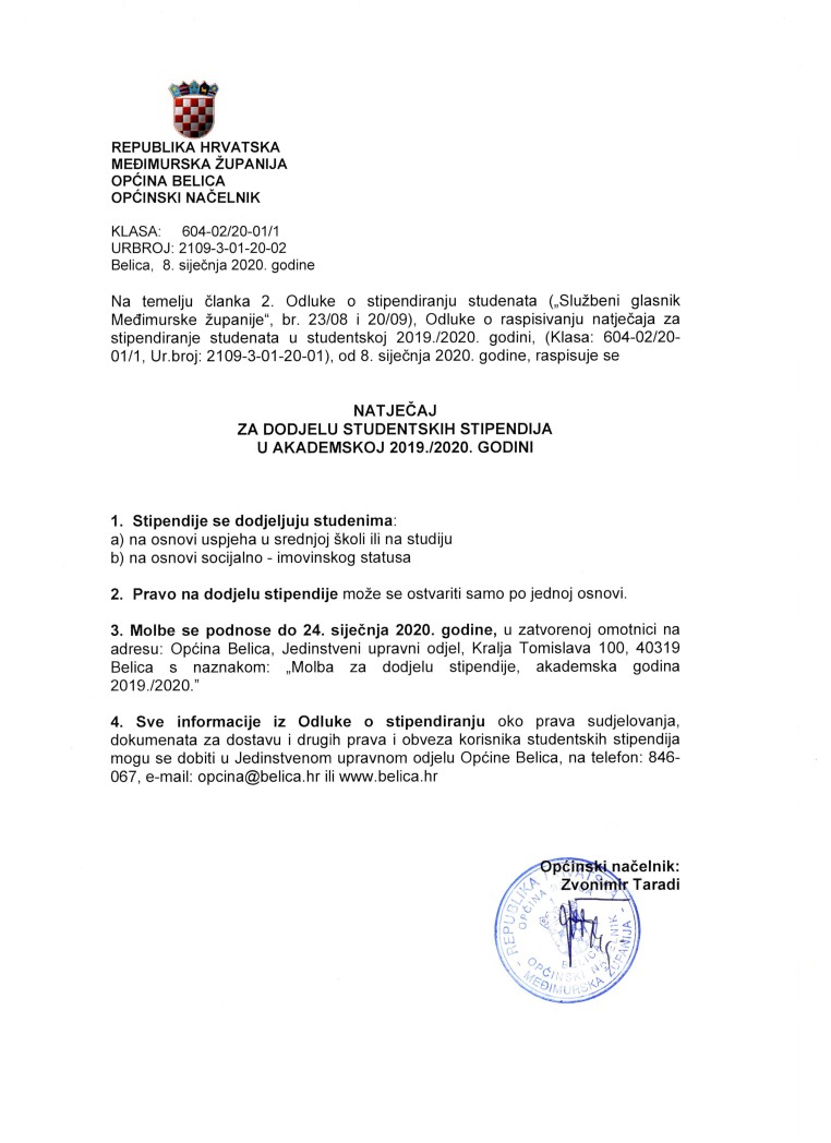 Natječaj za dodjelu stipendija – Općina Belica